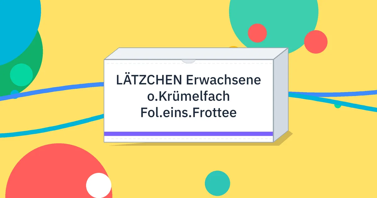 Symbolbild: Packung mit der Aufschrift LÄTZCHEN Erwachsene o.Krümelfach Fol.eins.Frottee (PZN 07661880) – Verfügbarkeit und Bezug in Apotheken in Frankfurt am Main