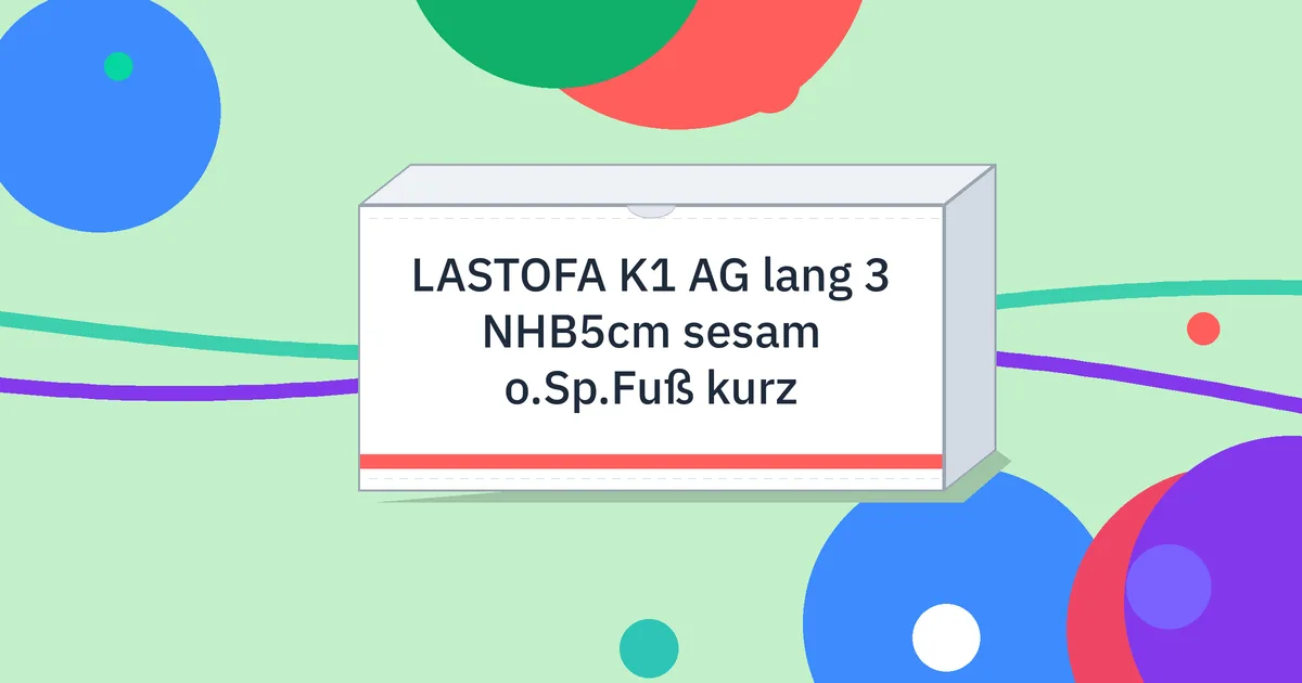 Symbolbild: Packung mit der Aufschrift LASTOFA K1 AG lang 3 NHB5cm sesam o.Sp.Fuß kurz (PZN 13791291) – Verfügbarkeit und Bezug in Apotheken in Frankfurt am Main
