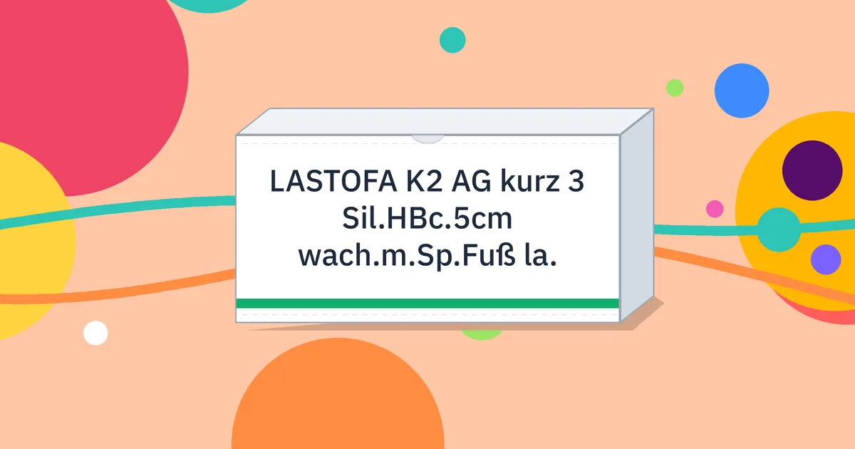 Symbolbild: Packung mit der Aufschrift LASTOFA K2 AG kurz 3 Sil.HBc.5cm wach.m.Sp.Fuß la. (PZN 13804378) – Verfügbarkeit und Bezug in Apotheken in Frankfurt am Main