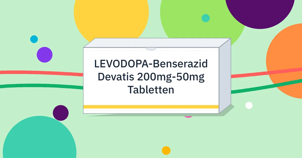 Symbolbild: Packung mit der Aufschrift LEVODOPA-Benserazid Devatis 200mg-50mg Tabletten (PZN 16856720) – Verfügbarkeit und Bezug in Apotheken in Frankfurt am Main