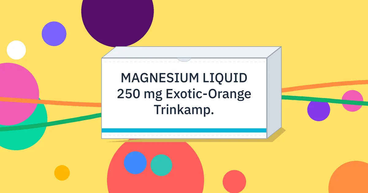 Symbolbild: Packung mit der Aufschrift MAGNESIUM LIQUID 250 mg Exotic-Orange Trinkamp. (PZN 10058710) – Verfügbarkeit und Bezug in Apotheken in Frankfurt am Main
