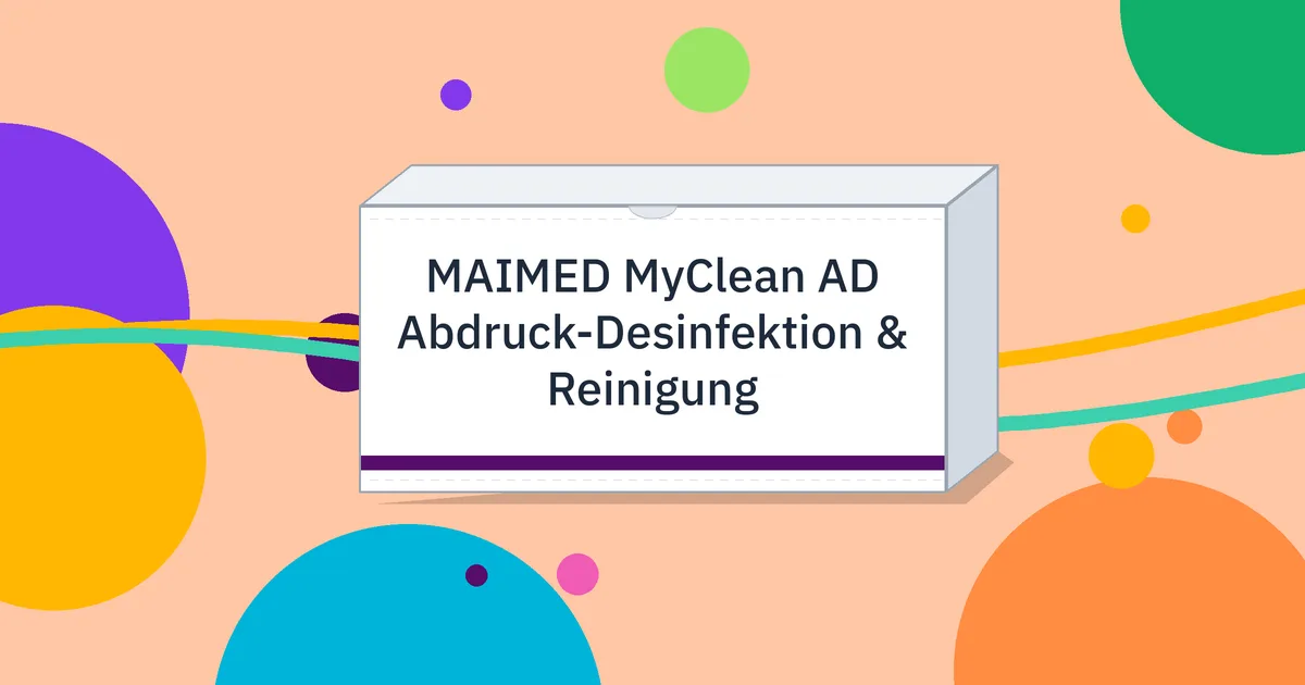 Symbolbild: Packung mit der Aufschrift MAIMED MyClean AD Abdruck-Desinfektion & Reinigung (PZN 10306088) – Verfügbarkeit und Bezug in Apotheken in Frankfurt am Main