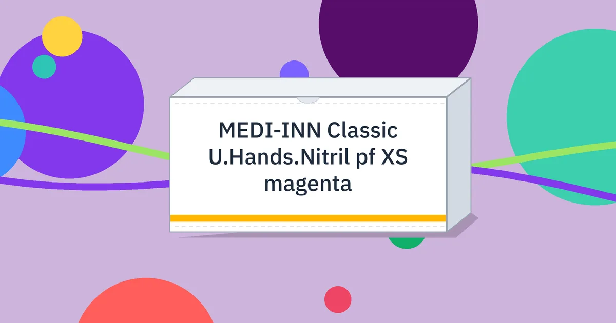 Symbolbild: Packung mit der Aufschrift MEDI-INN Classic U.Hands.Nitril pf XS magenta (PZN 18444950) – Verfügbarkeit und Bezug in Apotheken in Frankfurt am Main