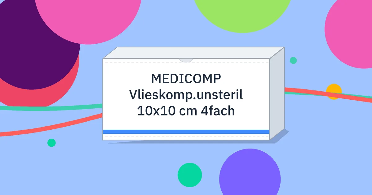 Symbolbild: Packung mit der Aufschrift MEDICOMP Vlieskomp.unsteril 10x10 cm 4fach (PZN 19367393) – Verfügbarkeit und Bezug in Apotheken in Frankfurt am Main