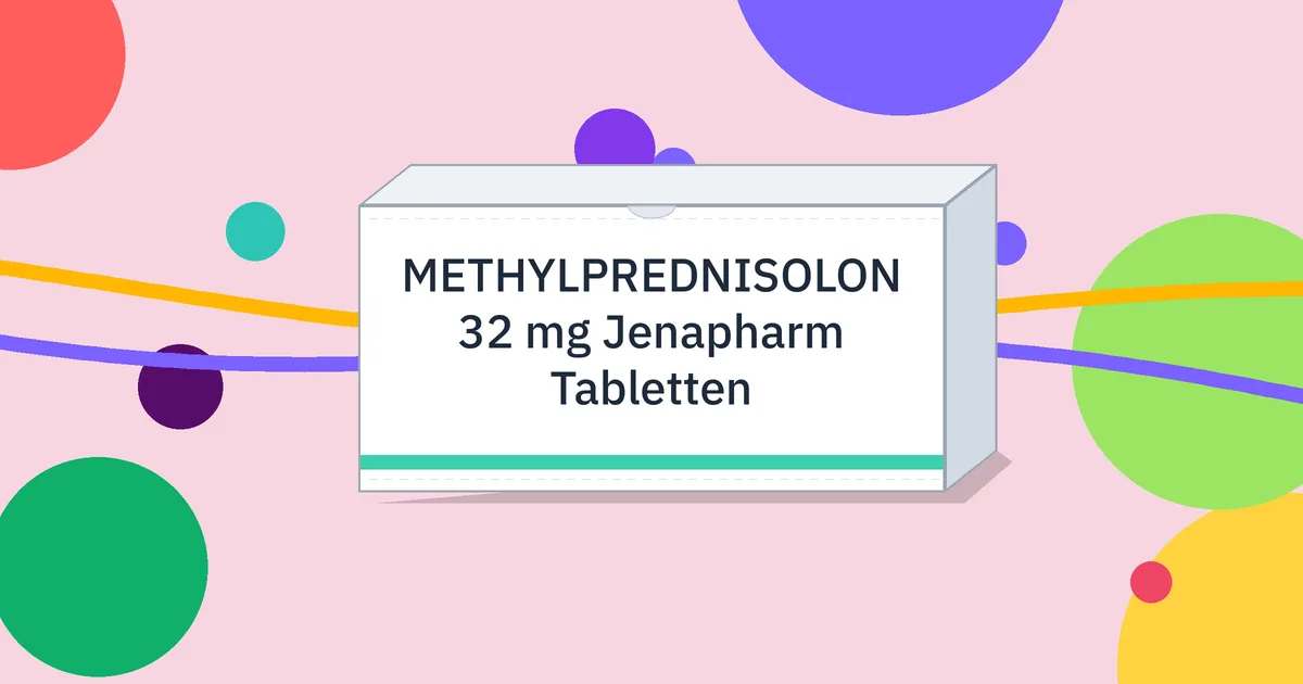 Symbolbild: Packung mit der Aufschrift METHYLPREDNISOLON 32 mg Jenapharm Tabletten (PZN 04881664) – Verfügbarkeit und Bezug in Apotheken in Frankfurt am Main