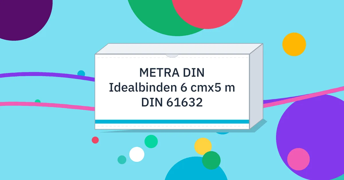 Symbolbild: Packung mit der Aufschrift METRA DIN Idealbinden 6 cmx5 m DIN 61632 (PZN 07772214) – Verfügbarkeit und Bezug in Apotheken in Frankfurt am Main