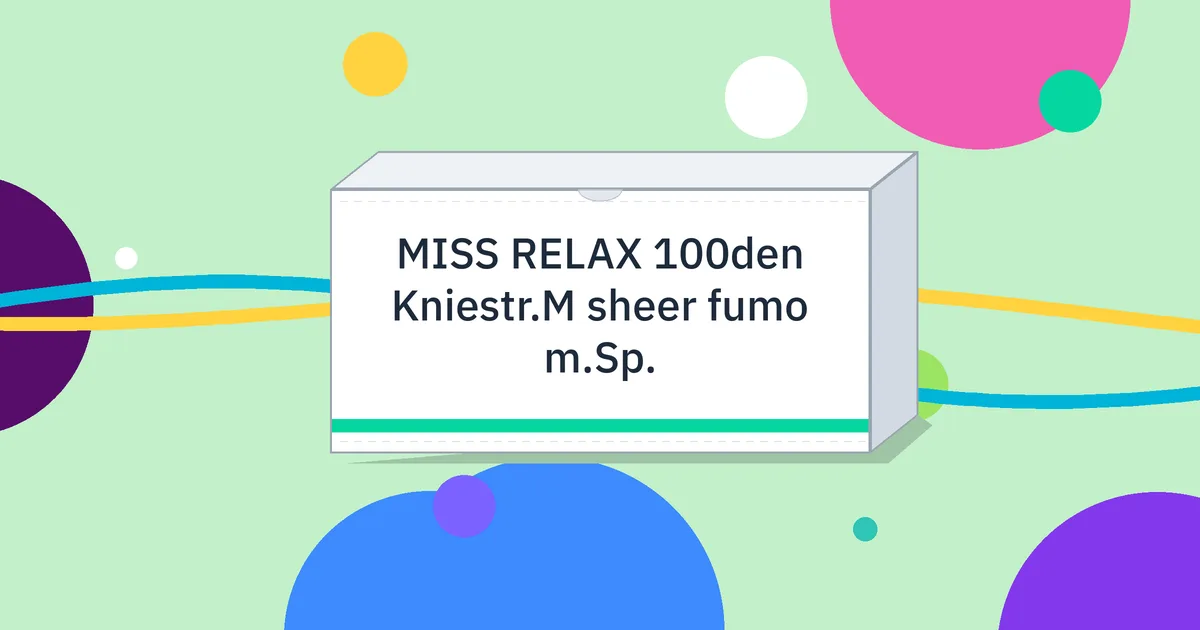 Symbolbild: Packung mit der Aufschrift MISS RELAX 100den Kniestr.M sheer fumo m.Sp. (PZN 01635522) – Verfügbarkeit und Bezug in Apotheken in Frankfurt am Main