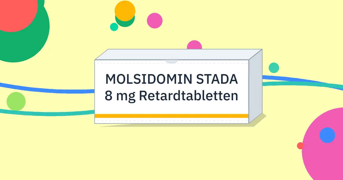 Symbolbild: Packung mit der Aufschrift MOLSIDOMIN STADA 8 mg Retardtabletten (PZN 08827667) – Verfügbarkeit und Bezug in Apotheken in Frankfurt am Main
