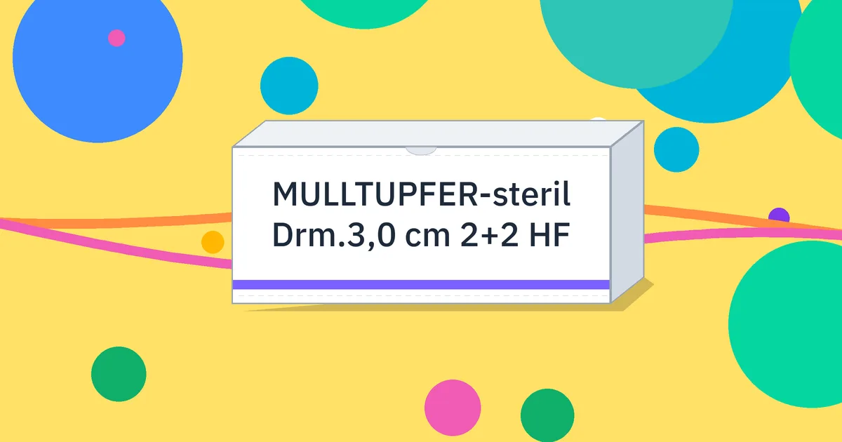 Symbolbild: Packung mit der Aufschrift MULLTUPFER-steril Drm.3,0 cm 2+2 HF (PZN 08906556) – Verfügbarkeit und Bezug in Apotheken in Frankfurt am Main