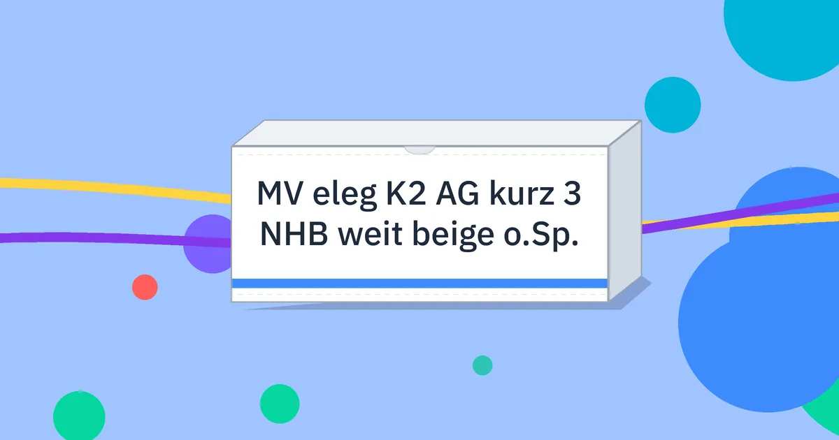 Symbolbild: Packung mit der Aufschrift MV eleg K2 AG kurz 3 NHB weit beige o.Sp. (PZN 15715006) – Verfügbarkeit und Bezug in Apotheken in Frankfurt am Main