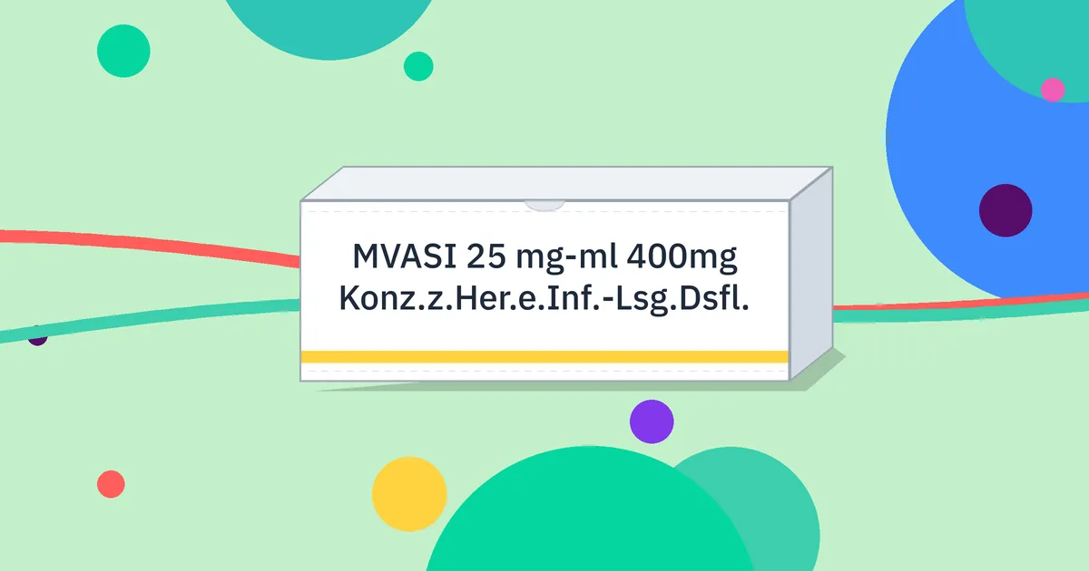 Symbolbild: Packung mit der Aufschrift MVASI 25 mg-ml 400mg Konz.z.Her.e.Inf.-Lsg.Dsfl. (PZN 18116631) – Verfügbarkeit und Bezug in Apotheken in Frankfurt am Main