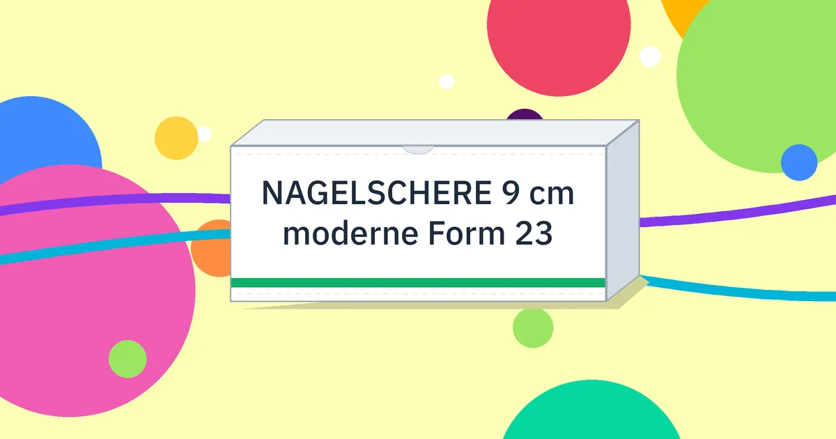 Symbolbild: Packung mit der Aufschrift NAGELSCHERE 9 cm moderne Form 23 (PZN 19283360) – Verfügbarkeit und Bezug in Apotheken in Frankfurt am Main