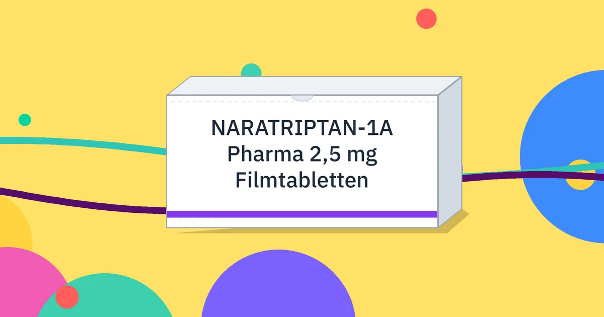Symbolbild: Packung mit der Aufschrift NARATRIPTAN-1A Pharma 2,5 mg Filmtabletten (PZN 09322509) – Verfügbarkeit und Bezug in Apotheken in Frankfurt am Main