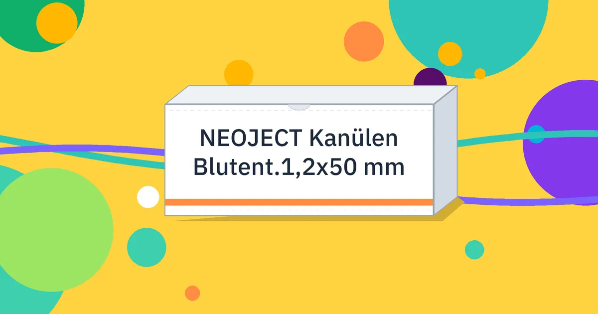 Symbolbild: Packung mit der Aufschrift NEOJECT Kanülen Blutent.1,2x50 mm (PZN 00267588) – Verfügbarkeit und Bezug in Apotheken in Frankfurt am Main