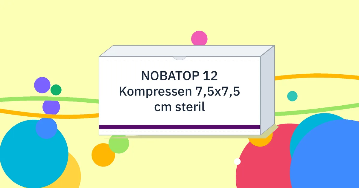 Symbolbild: Packung mit der Aufschrift NOBATOP 12 Kompressen 7,5x7,5 cm steril (PZN 16259579) – Verfügbarkeit und Bezug in Apotheken in Frankfurt am Main