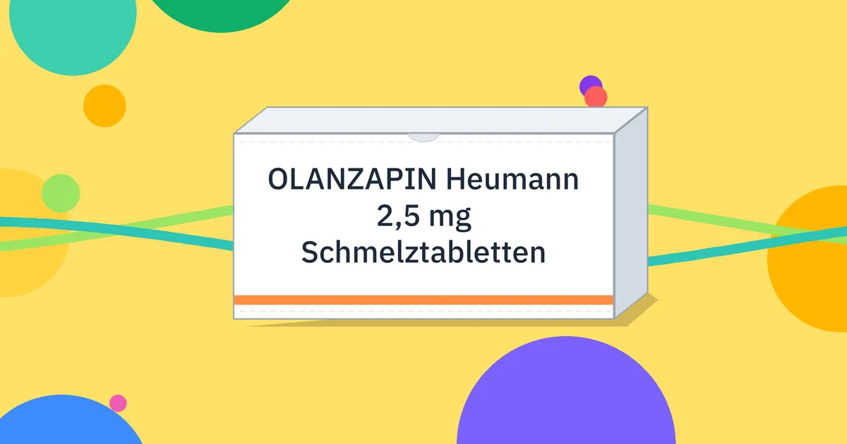 Symbolbild: Packung mit der Aufschrift OLANZAPIN Heumann 2,5 mg Schmelztabletten (PZN 09099974) – Verfügbarkeit und Bezug in Apotheken in Frankfurt am Main
