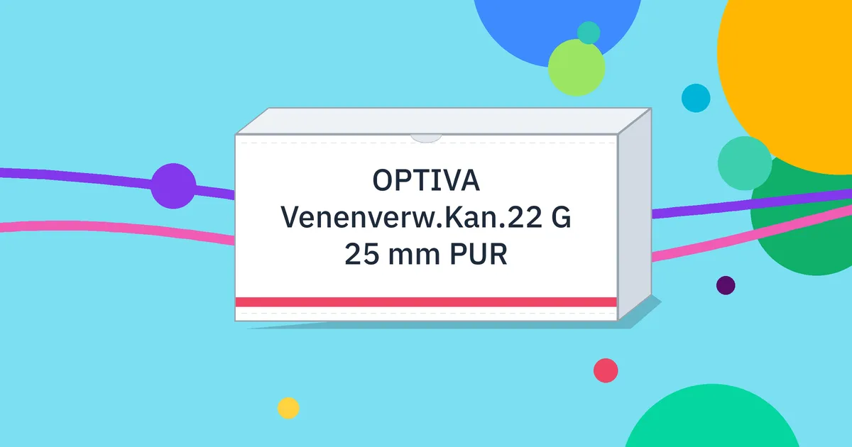 Symbolbild: Packung mit der Aufschrift OPTIVA Venenverw.Kan.22 G 25 mm PUR (PZN 09106740) – Verfügbarkeit und Bezug in Apotheken in Frankfurt am Main
