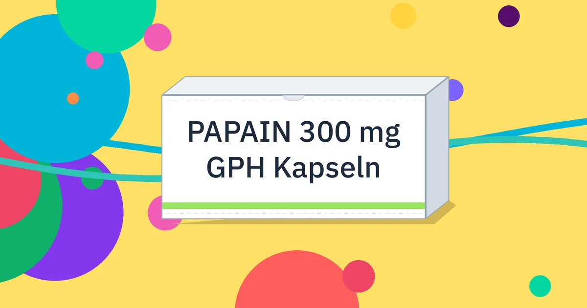 Symbolbild: Packung mit der Aufschrift PAPAIN 300 mg GPH Kapseln (PZN 03447782) – Verfügbarkeit und Bezug in Apotheken in Frankfurt am Main