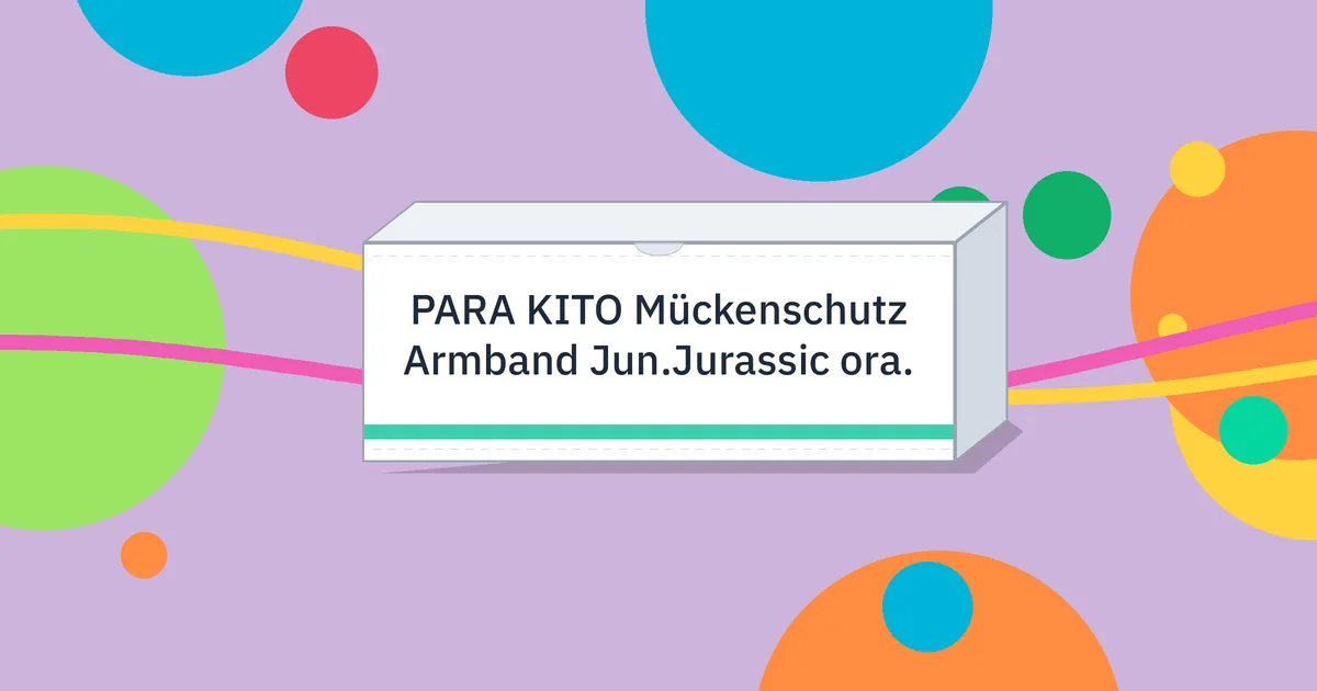 Symbolbild: Packung mit der Aufschrift PARA KITO Mückenschutz Armband Jun.Jurassic ora. (PZN 19976011) – Verfügbarkeit und Bezug in Apotheken in Frankfurt am Main