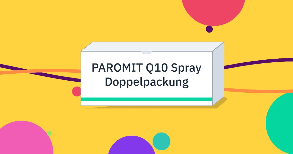 Symbolbild: Packung mit der Aufschrift PAROMIT Q10 Spray Doppelpackung (PZN 19159772) – Verfügbarkeit und Bezug in Apotheken in Frankfurt am Main