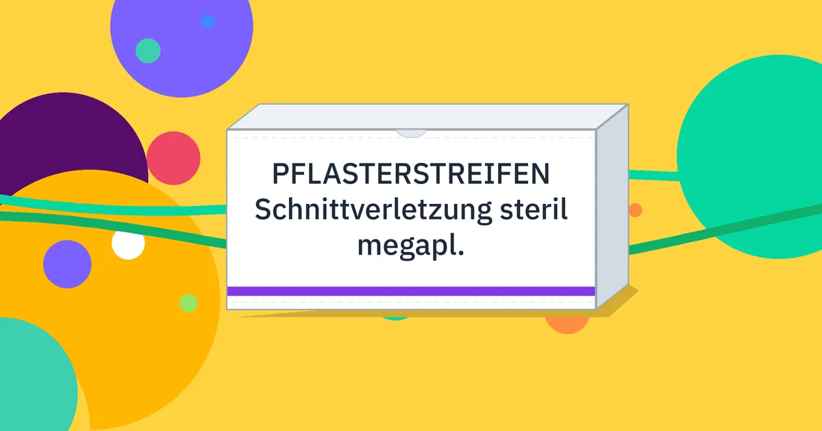 Symbolbild: Packung mit der Aufschrift PFLASTERSTREIFEN Schnittverletzung steril megapl. (PZN 16501431) – Verfügbarkeit und Bezug in Apotheken in Frankfurt am Main