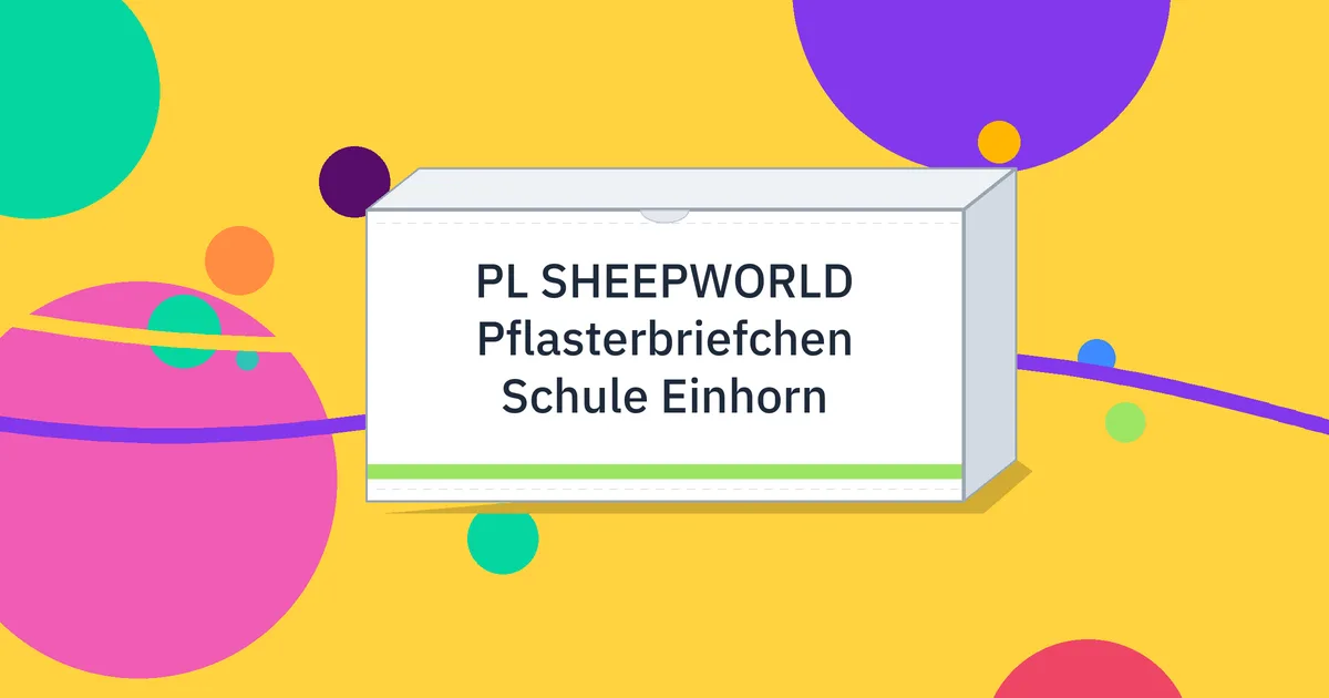 Symbolbild: Packung mit der Aufschrift PL SHEEPWORLD Pflasterbriefchen Schule Einhorn (PZN 19743821) – Verfügbarkeit und Bezug in Apotheken in Frankfurt am Main