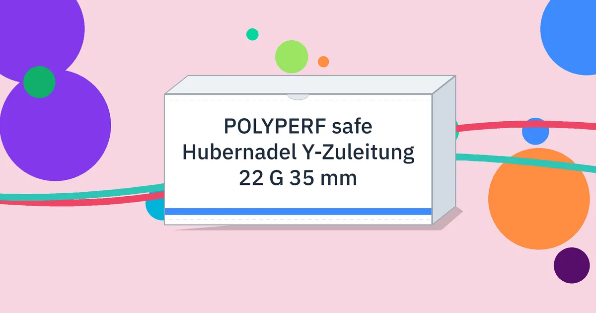 Symbolbild: Packung mit der Aufschrift POLYPERF safe Hubernadel Y-Zuleitung 22 G 35 mm (PZN 18114158) – Verfügbarkeit und Bezug in Apotheken in Frankfurt am Main
