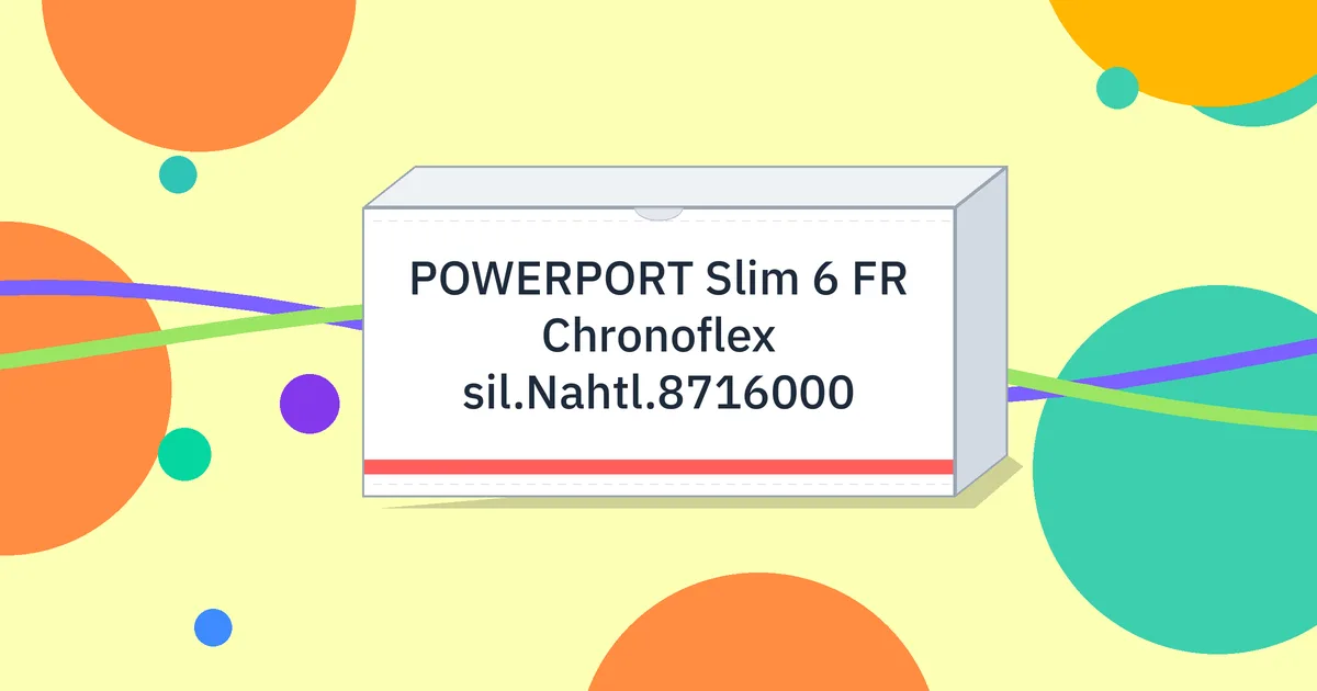 Symbolbild: Packung mit der Aufschrift POWERPORT Slim 6 FR Chronoflex sil.Nahtl.8716000 (PZN 09460619) – Verfügbarkeit und Bezug in Apotheken in Frankfurt am Main