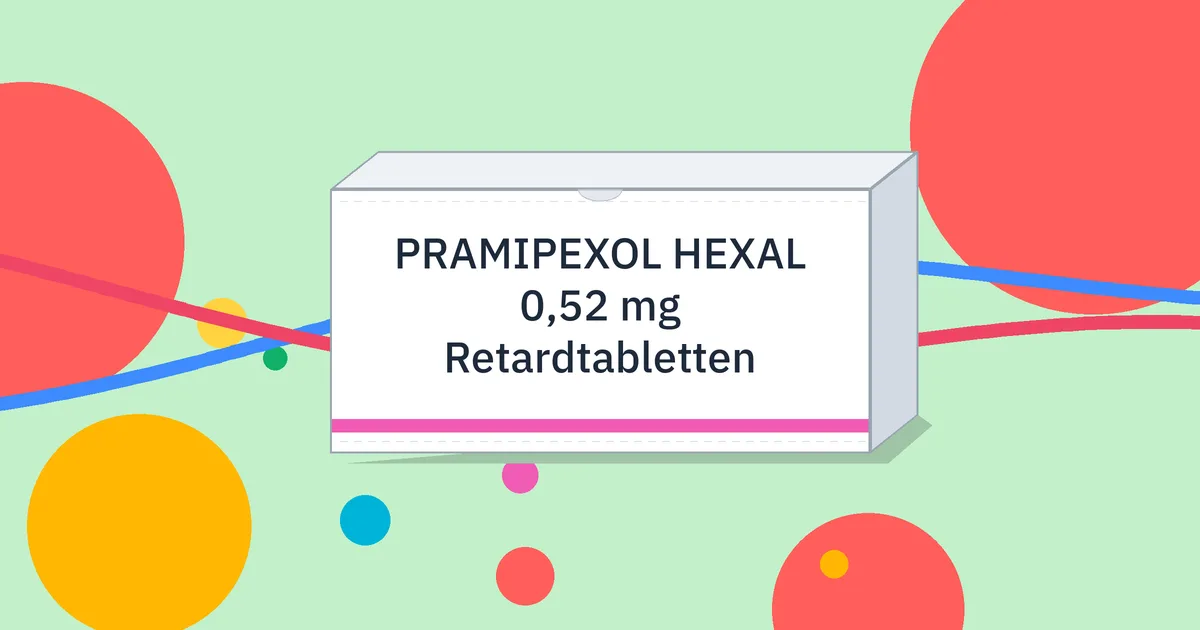 Symbolbild: Packung mit der Aufschrift PRAMIPEXOL HEXAL 0,52 mg Retardtabletten (PZN 08454947) – Verfügbarkeit und Bezug in Apotheken in Frankfurt am Main