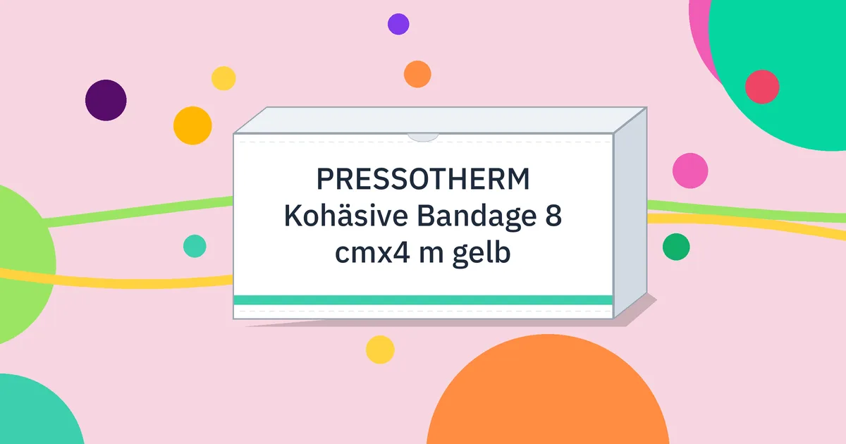 Symbolbild: Packung mit der Aufschrift PRESSOTHERM Kohäsive Bandage 8 cmx4 m gelb (PZN 02002434) – Verfügbarkeit und Bezug in Apotheken in Frankfurt am Main