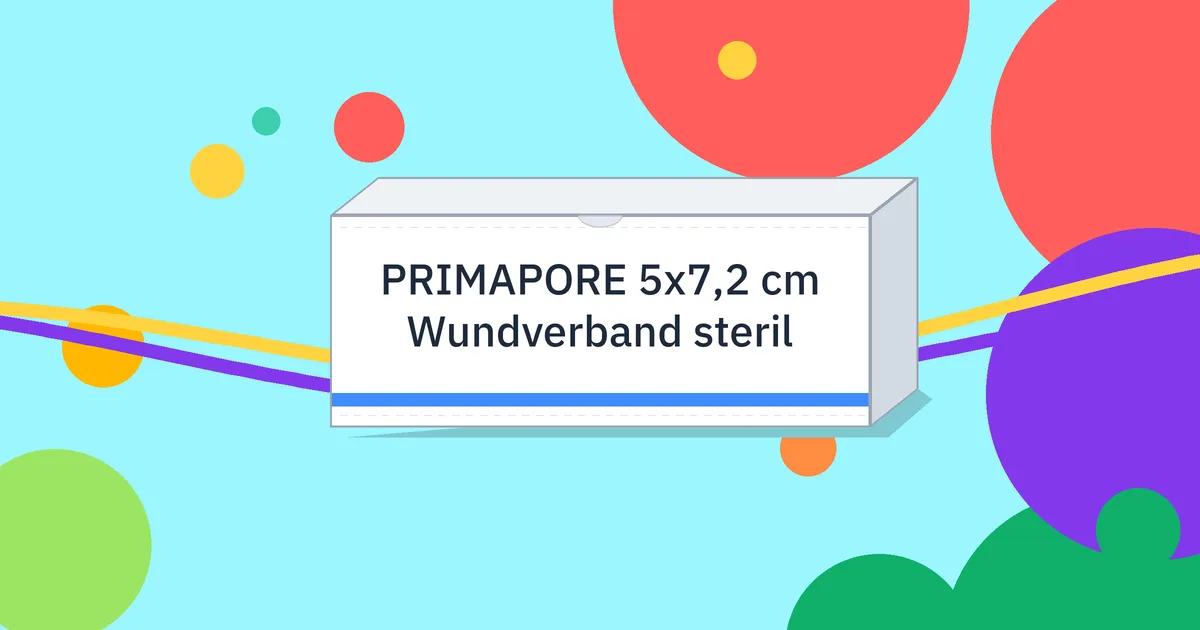 Symbolbild: Packung mit der Aufschrift PRIMAPORE 5x7,2 cm Wundverband steril (PZN 19703230) – Verfügbarkeit und Bezug in Apotheken in Frankfurt am Main