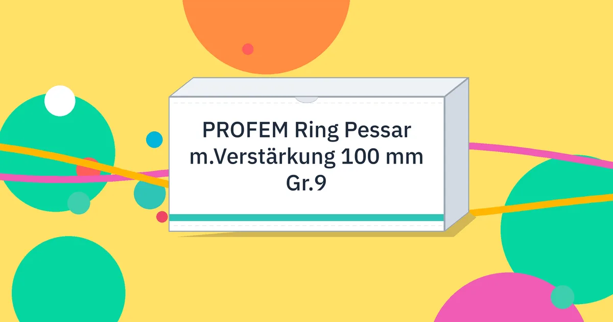 Symbolbild: Packung mit der Aufschrift PROFEM Ring Pessar m.Verstärkung 100 mm Gr.9 (PZN 11672501) – Verfügbarkeit und Bezug in Apotheken in Frankfurt am Main