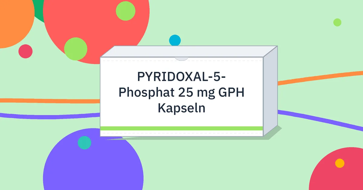 Symbolbild: Packung mit der Aufschrift PYRIDOXAL-5-Phosphat 25 mg GPH Kapseln (PZN 20091134) – Verfügbarkeit und Bezug in Apotheken in Frankfurt am Main