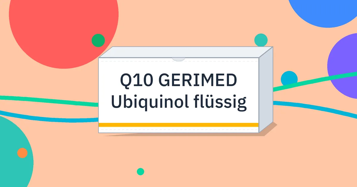 Symbolbild: Packung mit der Aufschrift Q10 GERIMED Ubiquinol flüssig (PZN 06553869) – Verfügbarkeit und Bezug in Apotheken in Frankfurt am Main
