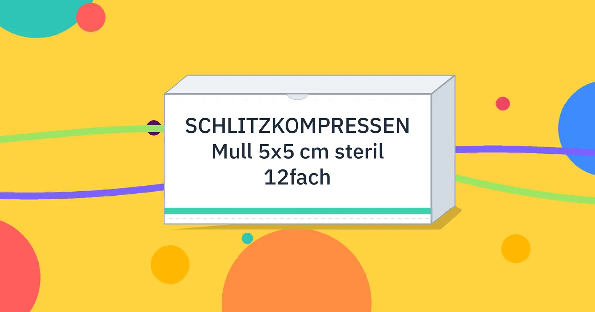 Symbolbild: Packung mit der Aufschrift SCHLITZKOMPRESSEN Mull 5x5 cm steril 12fach (PZN 18397601) – Verfügbarkeit und Bezug in Apotheken in Frankfurt am Main