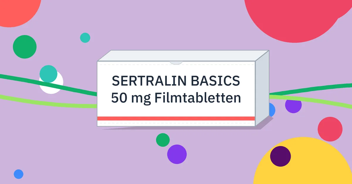 Symbolbild: Packung mit der Aufschrift SERTRALIN BASICS 50 mg Filmtabletten (PZN 12529272) – Verfügbarkeit und Bezug in Apotheken in Frankfurt am Main