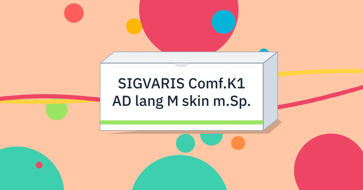 Symbolbild: Packung mit der Aufschrift SIGVARIS Comf.K1 AD lang M skin m.Sp. (PZN 17041954) – Verfügbarkeit und Bezug in Apotheken in Frankfurt am Main