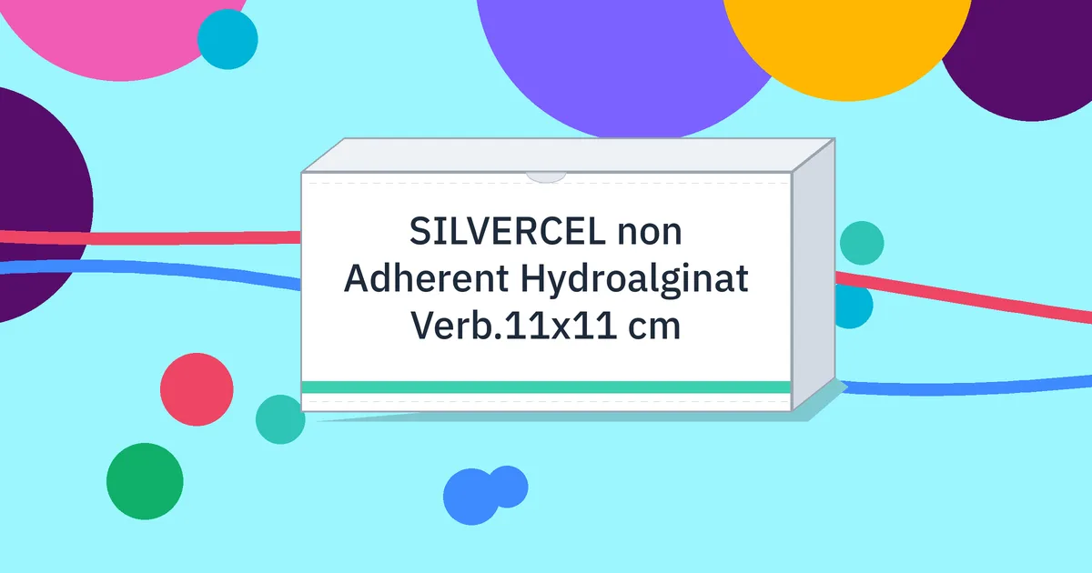 Symbolbild: Packung mit der Aufschrift SILVERCEL non Adherent Hydroalginat Verb.11x11 cm (PZN 11277905) – Verfügbarkeit und Bezug in Apotheken in Frankfurt am Main