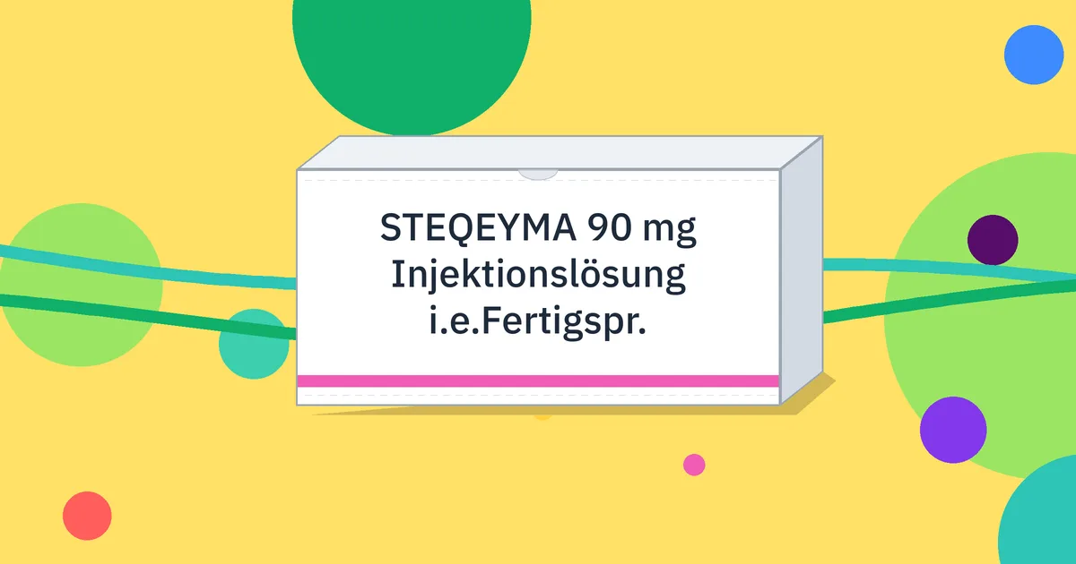 Symbolbild: Packung mit der Aufschrift STEQEYMA 90 mg Injektionslösung i.e.Fertigspr. (PZN 19175245) – Verfügbarkeit und Bezug in Apotheken in Frankfurt am Main