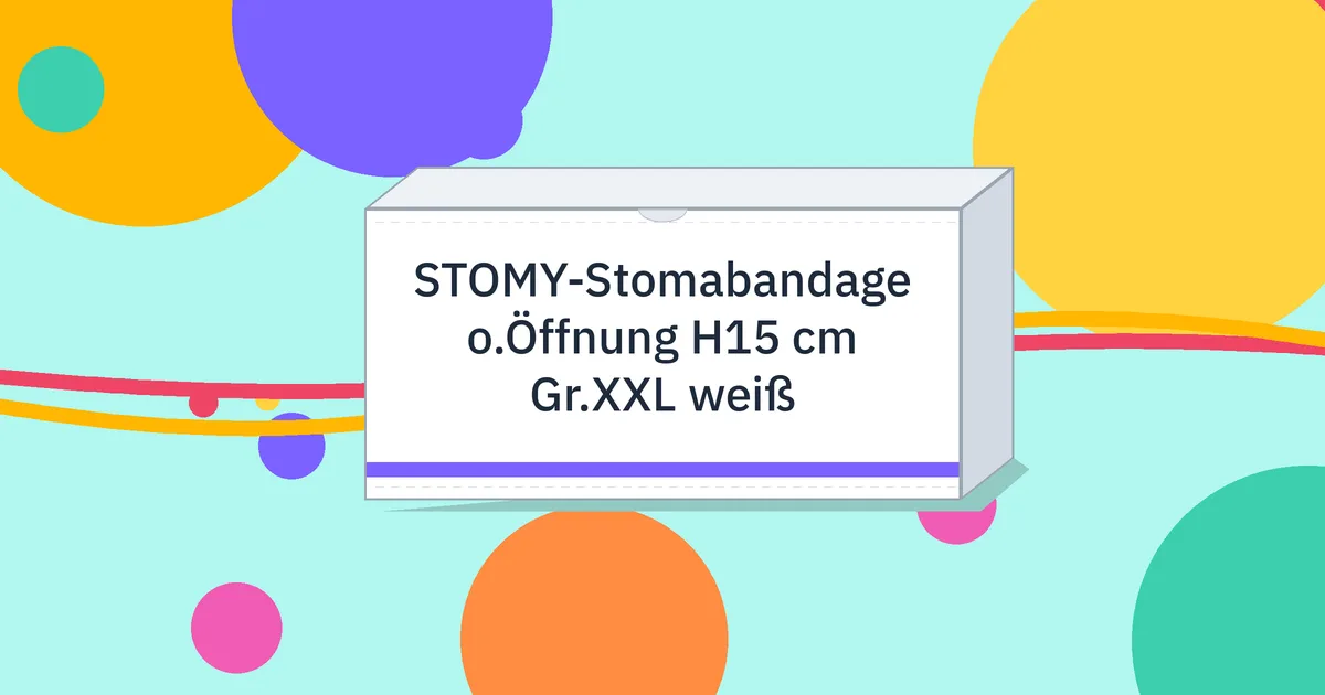 Symbolbild: Packung mit der Aufschrift STOMY-Stomabandage o.Öffnung H15 cm Gr.XXL weiß (PZN 16751352) – Verfügbarkeit und Bezug in Apotheken in Frankfurt am Main