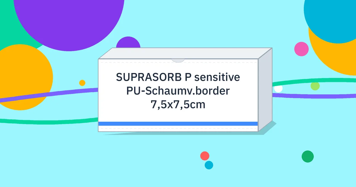 Symbolbild: Packung mit der Aufschrift SUPRASORB P sensitive PU-Schaumv.border 7,5x7,5cm (PZN 18604460) – Verfügbarkeit und Bezug in Apotheken in Frankfurt am Main
