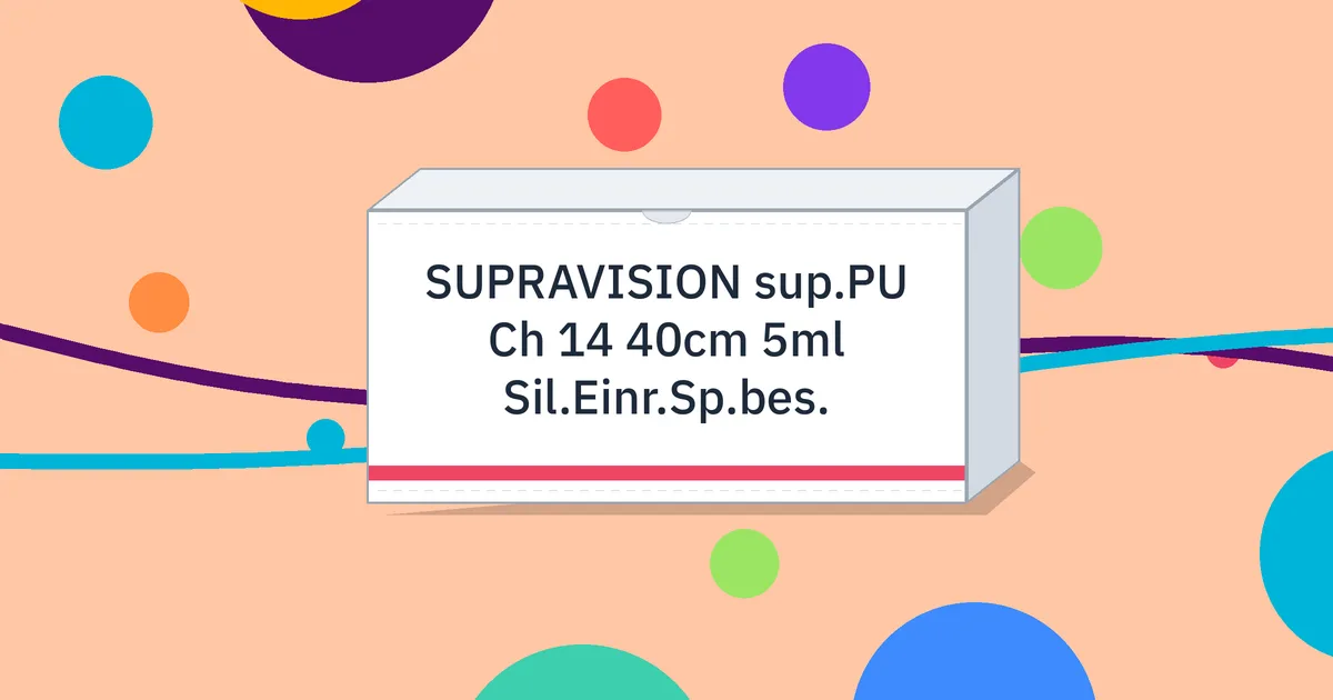 Symbolbild: Packung mit der Aufschrift SUPRAVISION sup.PU Ch 14 40cm 5ml Sil.Einr.Sp.bes. (PZN 18306254) – Verfügbarkeit und Bezug in Apotheken in Frankfurt am Main