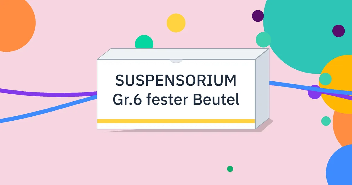 Symbolbild: Packung mit der Aufschrift SUSPENSORIUM Gr.6 fester Beutel (PZN 08517300) – Verfügbarkeit und Bezug in Apotheken in Frankfurt am Main