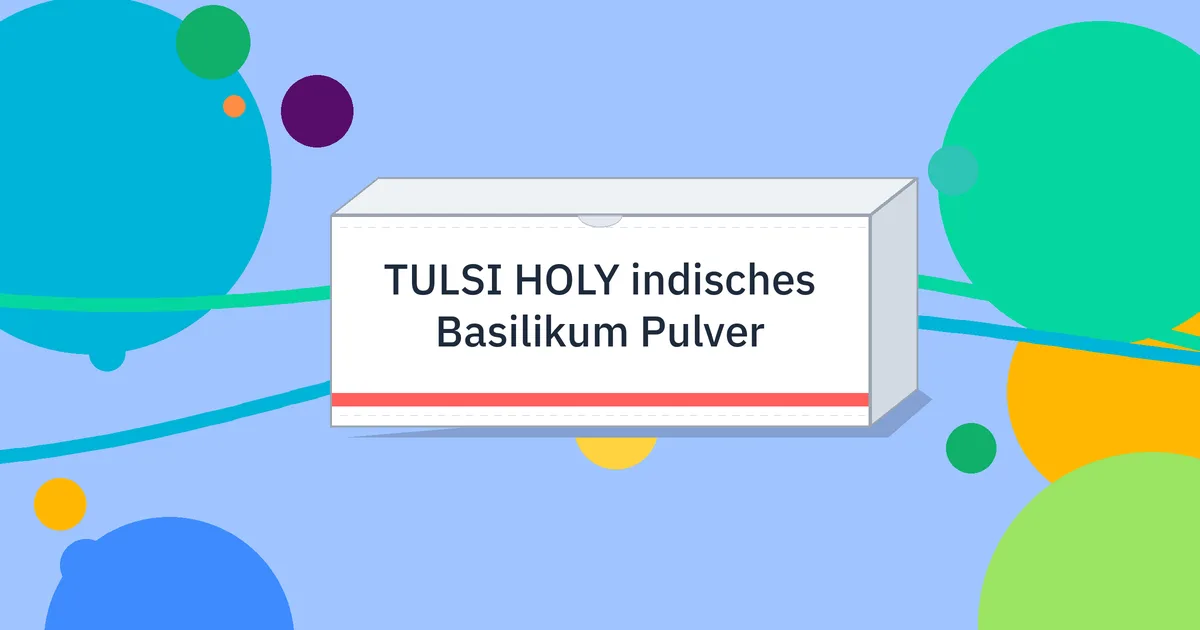 Symbolbild: Packung mit der Aufschrift TULSI HOLY indisches Basilikum Pulver (PZN 17951656) – Verfügbarkeit und Bezug in Apotheken in Frankfurt am Main