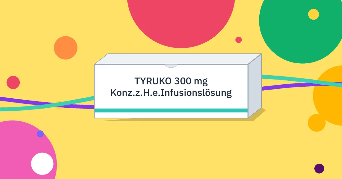 Symbolbild: Packung mit der Aufschrift TYRUKO 300 mg Konz.z.H.e.Infusionslösung (PZN 19248205) – Verfügbarkeit und Bezug in Apotheken in Frankfurt am Main