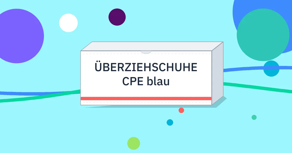 Symbolbild: Packung mit der Aufschrift ÜBERZIEHSCHUHE CPE blau (PZN 07485868) – Verfügbarkeit und Bezug in Apotheken in Frankfurt am Main