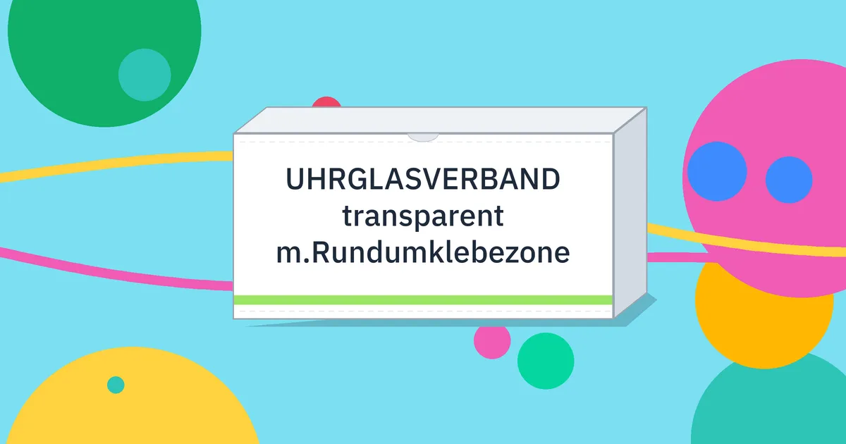 Symbolbild: Packung mit der Aufschrift UHRGLASVERBAND transparent m.Rundumklebezone (PZN 12654014) – Verfügbarkeit und Bezug in Apotheken in Frankfurt am Main