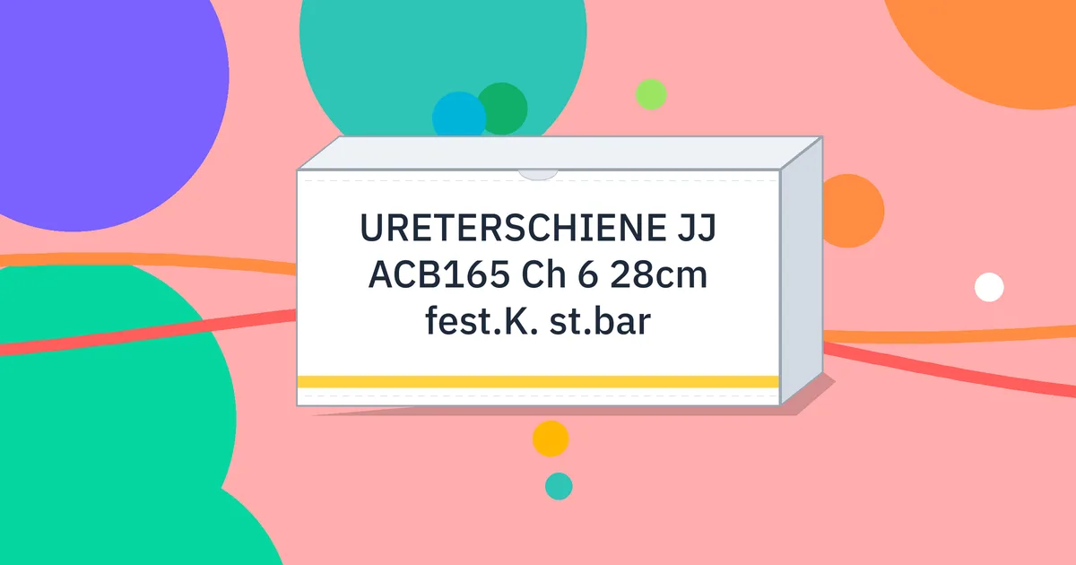 Symbolbild: Packung mit der Aufschrift URETERSCHIENE JJ ACB165 Ch 6 28cm fest.K. st.bar (PZN 00752220) – Verfügbarkeit und Bezug in Apotheken in Frankfurt am Main