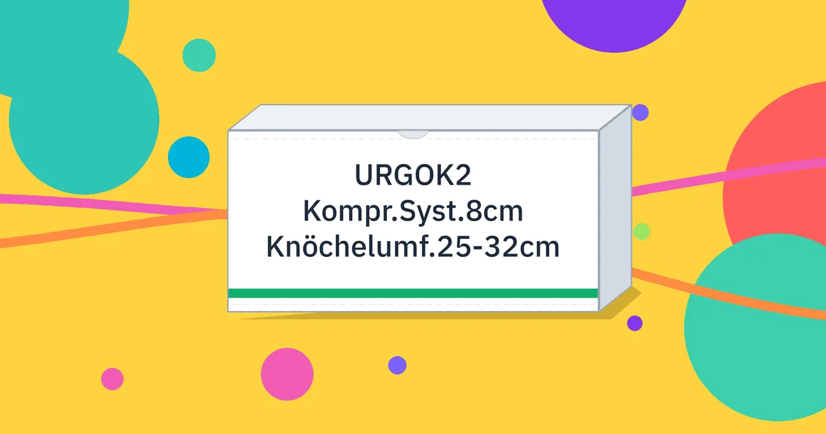 Symbolbild: Packung mit der Aufschrift URGOK2 Kompr.Syst.8cm Knöchelumf.25-32cm (PZN 05381863) – Verfügbarkeit und Bezug in Apotheken in Frankfurt am Main
