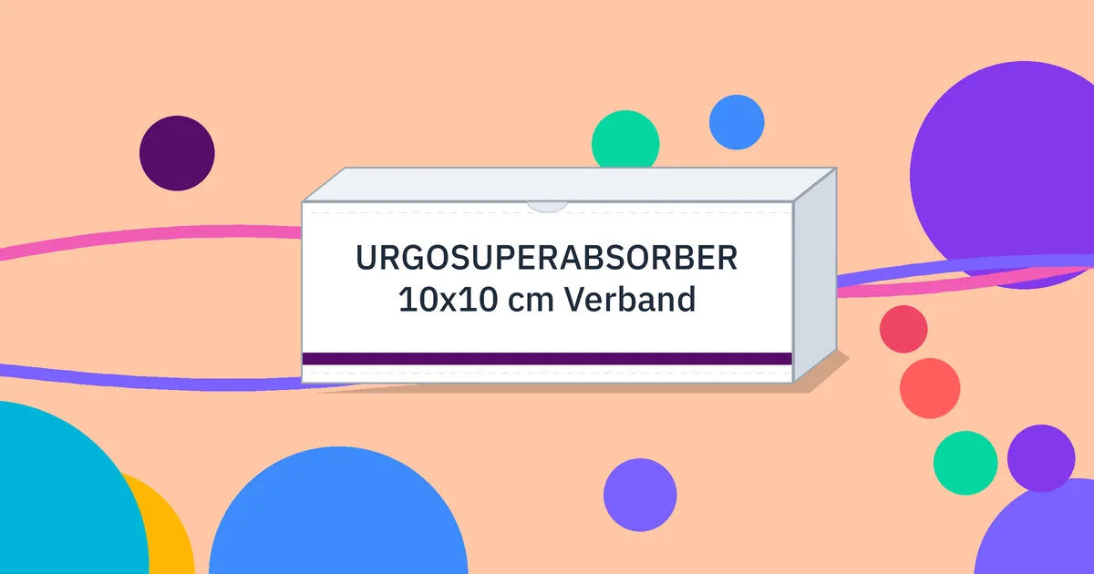 Symbolbild: Packung mit der Aufschrift URGOSUPERABSORBER 10x10 cm Verband (PZN 07110625) – Verfügbarkeit und Bezug in Apotheken in Frankfurt am Main